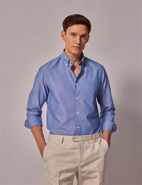 Mens Mid Blue Washed Oxford Shirt Button Down Collar Hawes And Curtis