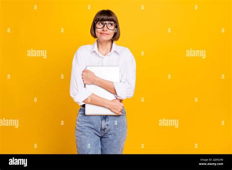 Photo Of Dreamy Creative Nerd Lady Hug Netbook Look Empty Space Wear Photo Of Dreamy Creative Nerd Lady Hug Netbook Look Empty Space Wear