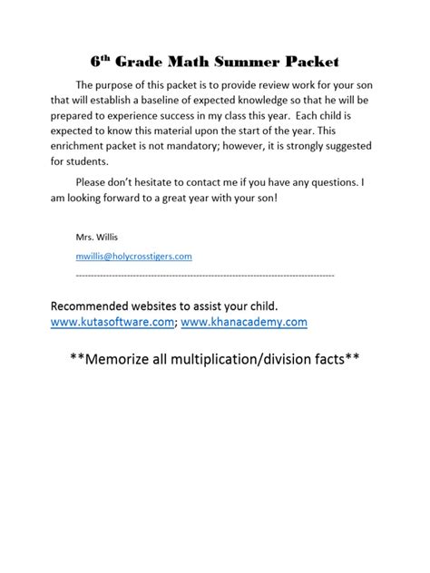 6thgrademath summer packet pdf arithmetic mathematics