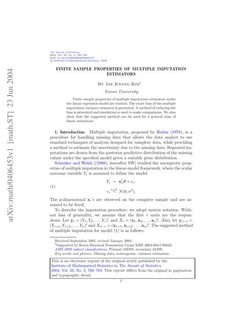 Pdf Finite Sample Properties Of Multiple Imputation Estimator