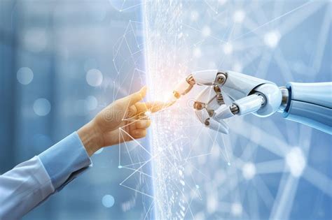 Human And Robotic Hands Touching Surrounded By Digital Data Connections