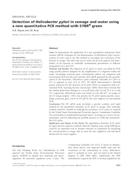 Pdf Detecting Helicobacter Pylori In Water By Qpcr