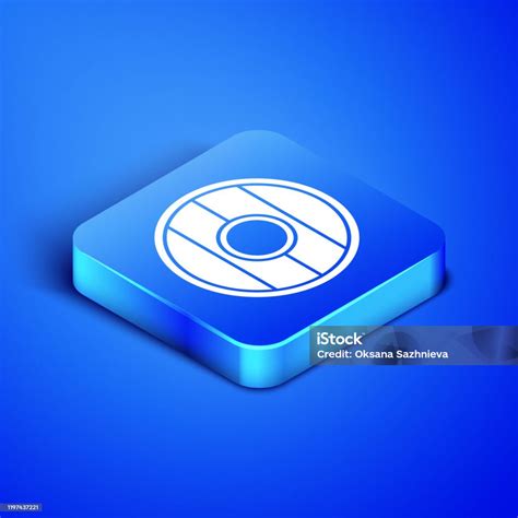 파란색 배경에 격리 된 등각 투영 둥근 나무 방패 아이콘입니다 파란색 사각형 버튼입니다 벡터 일러스트레이션 강철에 대한 스톡