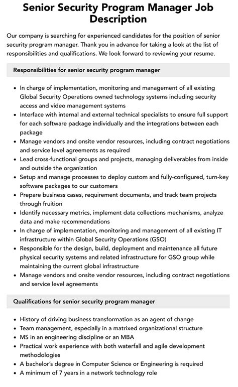 Senior Security Program Manager Job Description Velvet Jobs