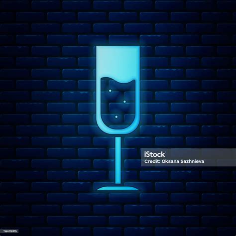 벽돌 벽 배경에 고립 된 샴페인 아이콘의 빛나는 네온 유리 벡터 일러스트레이션 기념일에 대한 스톡 벡터 아트 및 기타 이미지