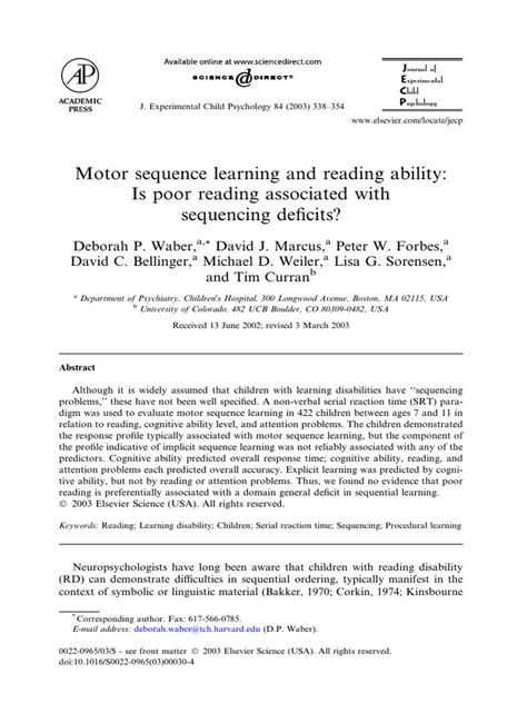 waber d motor sequence learning and reading ability pdf