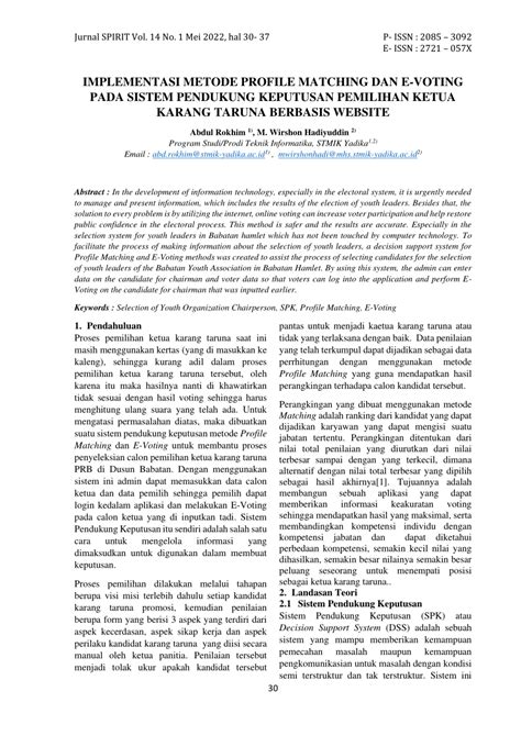 Pdf Implementasi Metode Profile Matching Dan E Voting Pada Sistem Pendukung Keputusan