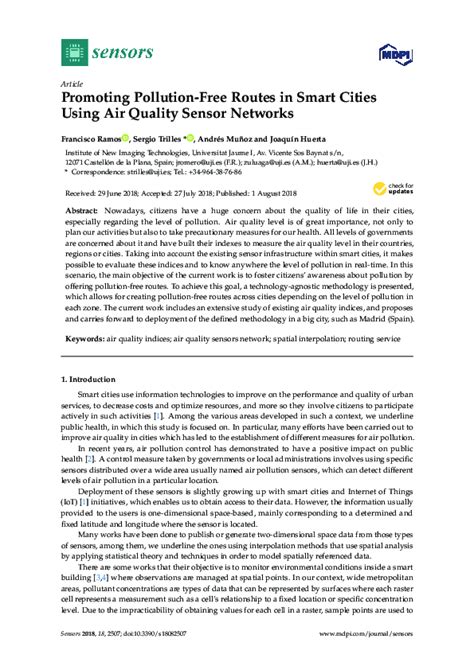 Pdf Promoting Pollution Free Routes In Smart Cities Using Air Quality Sensor Networks