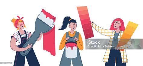 벽에 페인트를 바르는 여성 화가와 데코레이터 브러시 페인트 양동이 색상 견본을 가진 여성 전문 화가 데코레이터 작업 인테리어 리노베이션 서비스 가공의 인물에 대한 스톡 벡터