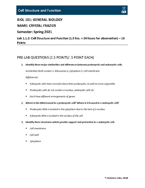 e science lab 1 1 2 cell struct and funct c biol 101 general biology