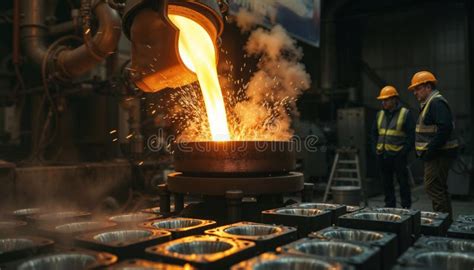 Molten Metal Pouring Into Casting Molds With Dramatic Lighting