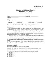 Phys201 Exam1 Spring 2020 Key 2 Pdf Test CODE A Physics 201 Midterm Exam 1 Feburary 17th 2020