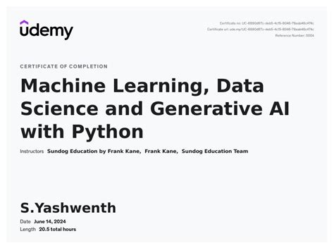 earned a certificate in machine learning from udemy yashwenth s