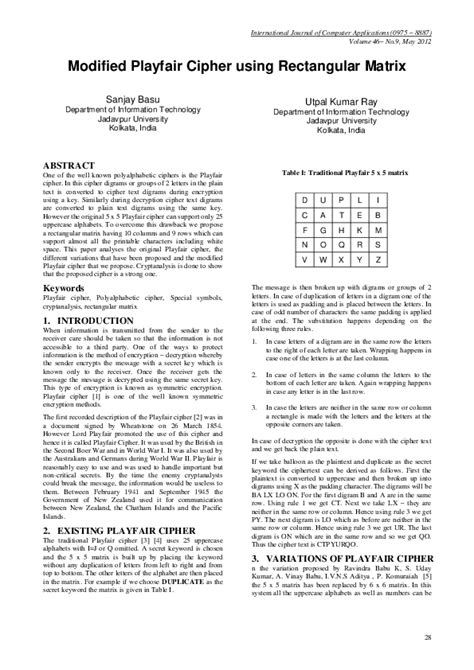 pdf modified playfair cipher using rectangular matrix utpal ray