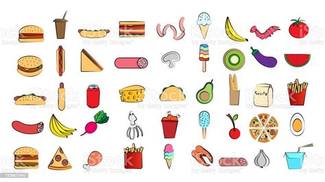 패스트 푸드 속임수 고기 햄버거 피자 핫도그 샌드위치 과일 야채 흰색 배경에 레스토랑 바 카페맛있는 음식과 간식 항목의 45 아이콘 세트 고기에 대한 스톡 벡터 아트 및