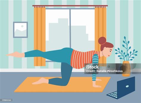 임산부는 온라인에서 집에서 요가를 합니다 일상 활동과 일상 생활의 개념 온라인 스포츠와 요가 검역 플랫 만화 벡터 일러스트레이션 가정 생활에 대한 스톡 벡터 아트 및 기타