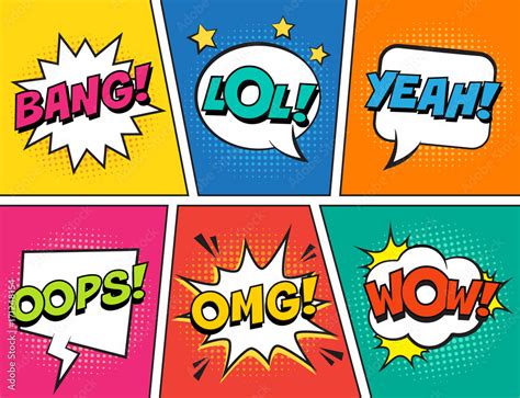 Retro comic speech bubbles set on colorful background. Expression text LOL, OMG, WOW, YEAH, OOPS ...