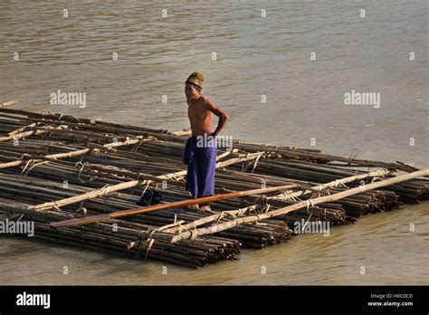 Asia Myanmar Burma Sagaing Division Monywa Chindwin River Raft On The River With Man
