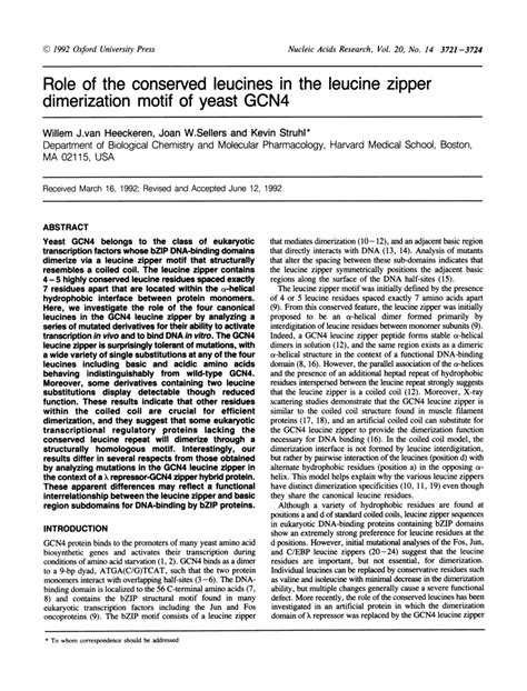 Pdf Role Of The Conserved Leucines In The Leucine Zipper Dimerization Motif Of Yeast Gcn4