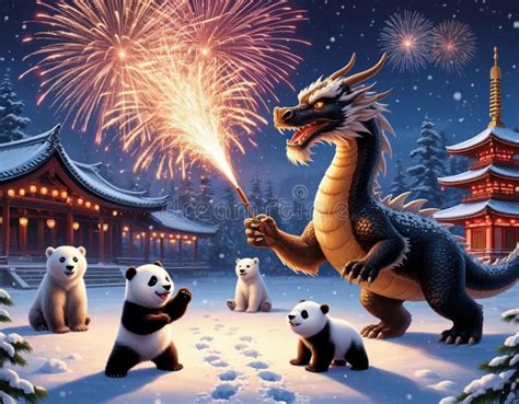 A Dragon Is Holding A Torch And Standing In Front Of A Group Of Pandas