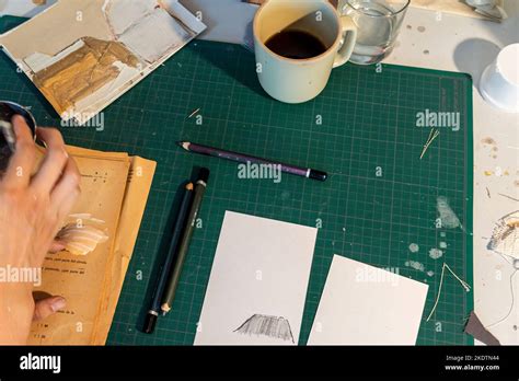 Art Workshop Messy Objects Brushes Paint All Mixed Up Disorganized Woman Artist Stock Photo