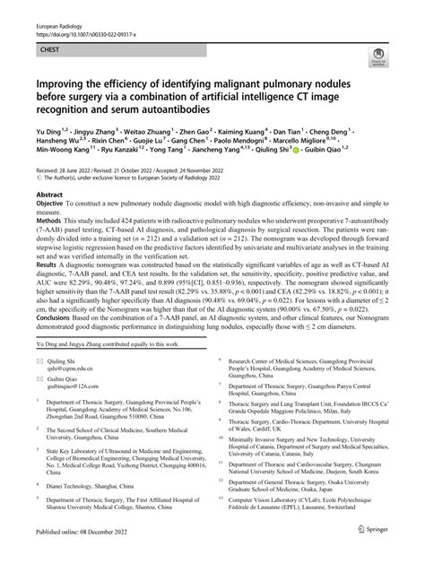 Pdf Improving The Efficiency Of Identifying Malignant Pulmonary Nodules Before Surgery Via A