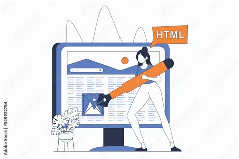 Web Development Concept With People Scene In Flat Outline Design Woman Works On Html