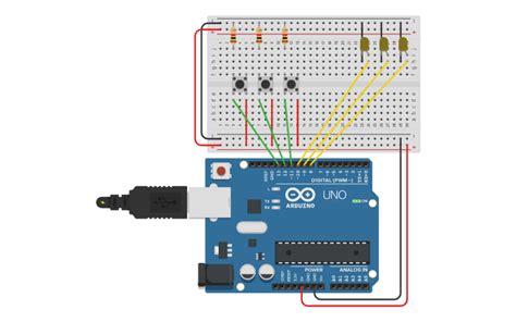 circuit design 3 leds with pushbuttons tinkercad