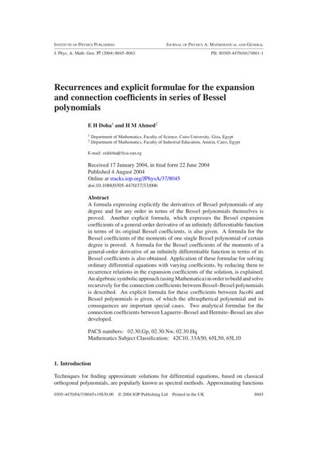 Pdf Recurrences And Explicit Formulae For The Expansion And