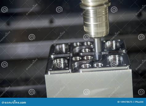 The Cnc Milling Machine Cutting The Sample Part Stock Image Image Of