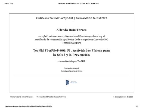 Certificado TecNM FI-AFSyP-001 - Cursos MOOC TecNM 2022 | PDF