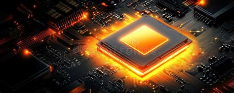 Glowing Microprocessor On Circuit Board Showcasing Advanced Technology And Innovation Copy