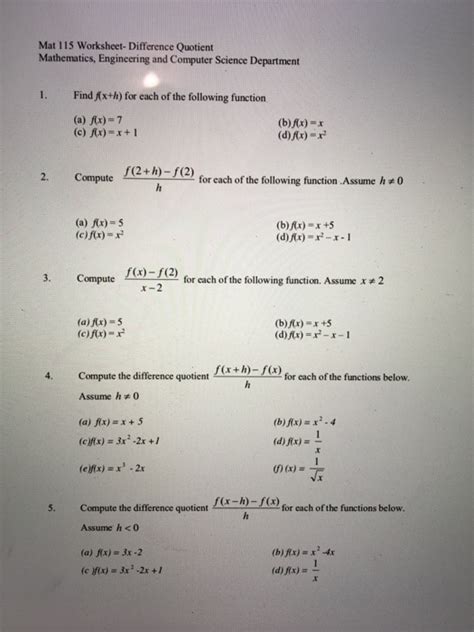 Solved Mat 115 Worksheet Difference Quotient Mathematics