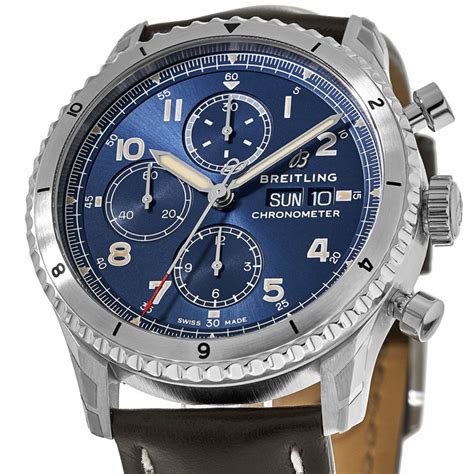 Breitling Aviator 8 Chronograph 43 Blue Dial Brown Leather Strap Mens