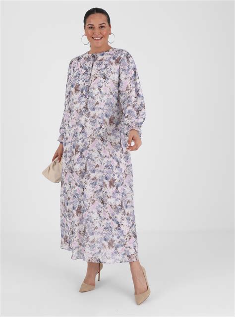 Lilac Floral Fully Lined Crew Neck Plus Size Dress
