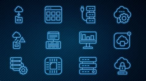 라인 클라우드 컴퓨팅 잠금 기술 데이터 전송 서버 서버 데이터 웹 호스팅 그래프 차트 및 브라우저 파일 아이콘으로 모니터를 설정합니다 벡터 개념에 대한 스톡 벡터 아트 및