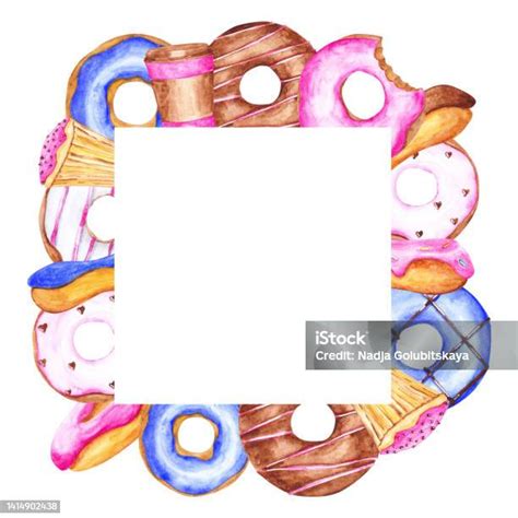 흰색 배경에 귀여운 생일 프레임 도넛 컵 케이크 화환 및 커피 컵은 사각형 형태의 빈 템플릿에 있습니다 수채화 빵집 프레임 디저트 일러스트레이션 인사말 카드 공휴일에 대한