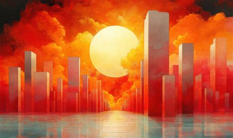 Vibrant Sunset Over A Futuristic Cityscape With Glowing Clouds Stock
