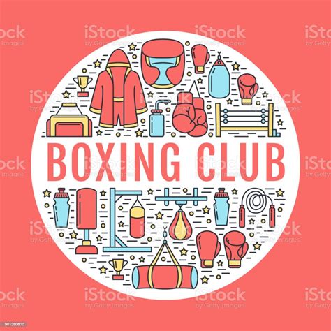 권투 포스터 템플릿입니다 벡터 스포츠 훈련 선 아이콘 장비원형 그림 Punchbag 권투 장갑 반지 무거운 가방 박스 클럽 배너 텍스트 빨간색 배경에 대 한 장소 개체