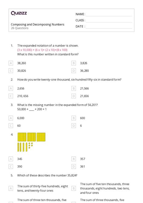 50 composing and decomposing numbers worksheets for 4th grade on