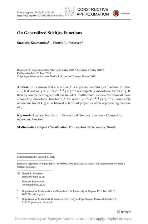 On Generalized Stieltjes Functions Request Pdf