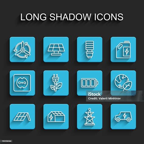 세트 라인 태양 에너지 패널 풍력 터빈 전기 타워 자동차 저장 플러그 잎 지구 지구 및 배터리 아이콘 벡터 0명에 대한 스톡 벡터 아트 및 기타 이미지 Istock