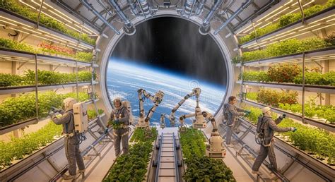 Astronauts Cultivating Fresh Produce In A Futuristic Vertical Farm