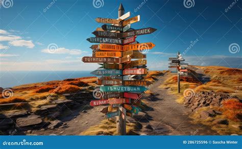 Guiding Lights Colorful Signpost Leading To Diverse Destinations Stock