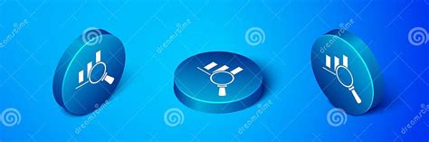 Isometric Magnifying Glass And Data Analysis Icon Isolated On Blue Background Blue Circle