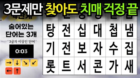 3문제만 찾아도 치매는 안심 숨은단어찾기 치매예방 치매예방퀴즈 치매예방활동 단어퀴즈 낱말퍼즐 뇌건강 Youtube