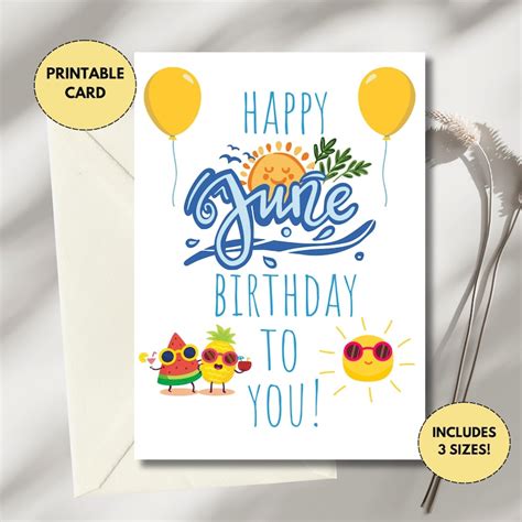 Printable June Birthday Card Instant Download Pdf Etsy