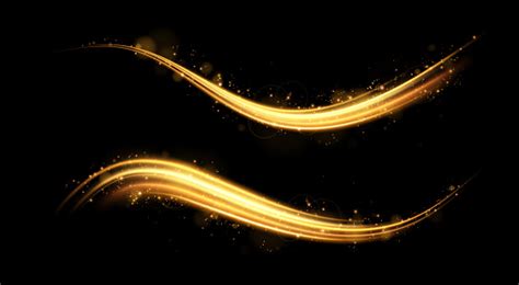 황금 동적 인 빛과 밝은 선의 벡터 그림 비행 불꽃 효과 검은 배경에 고립되어 있습니다 과학 빛 속도 미래 및 에너지 개념에 대한 추상적 배경 곡선에 대한 스톡 벡터 아트