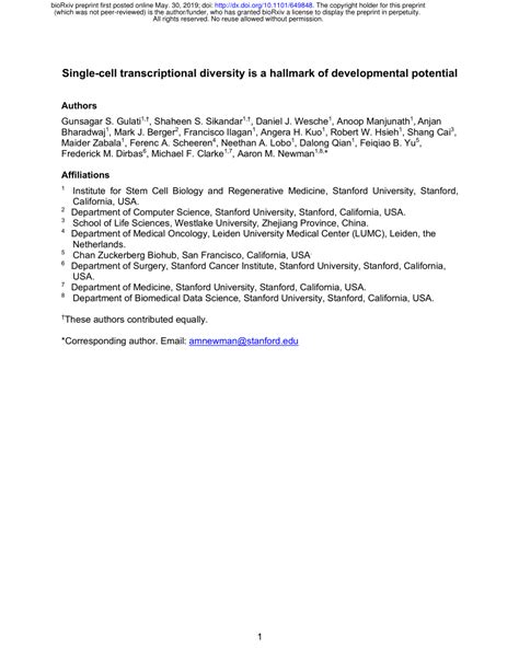 Pdf Single Cell Transcriptional Diversity Is A Hallmark Of Developmental Potential