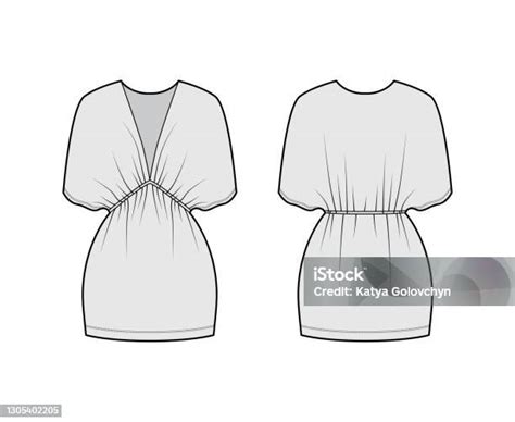 카프탄 드레스 테크니컬 패션 일러스트와 딥 V넥 배트윙 슬리브 오버사이즈 미니 길이 펜슬 컷 플랫 0명에 대한 스톡 벡터 아트 및 기타 이미지 Istock